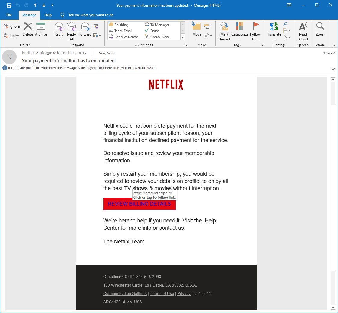 Phishing: Netflix Payment Information Has Been Updated - www.dgregscott.com